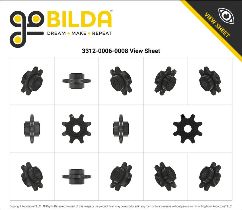 8mm Pitch Slip Fit Idler Sprocket 6mm Bore 8 Tooth 2 Pack Gobilda